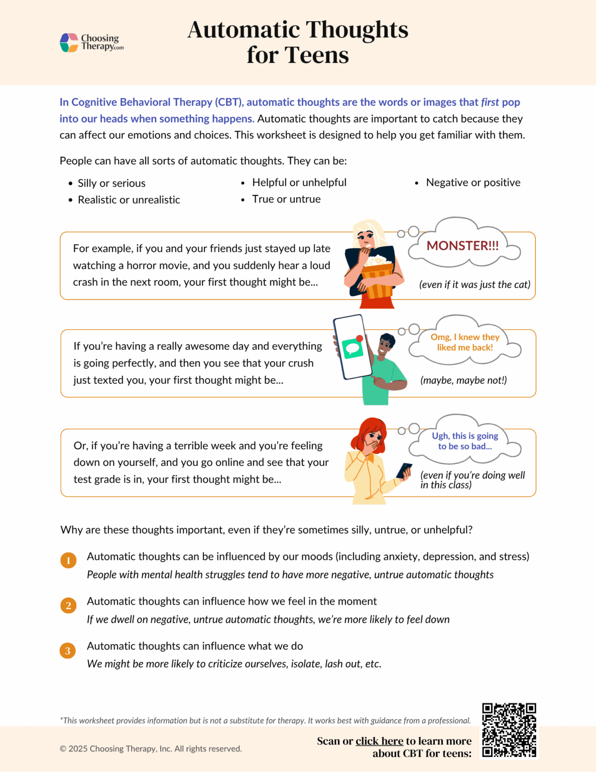 Automatic Thoughts for Teens Worksheet (Free Printable PDF ...