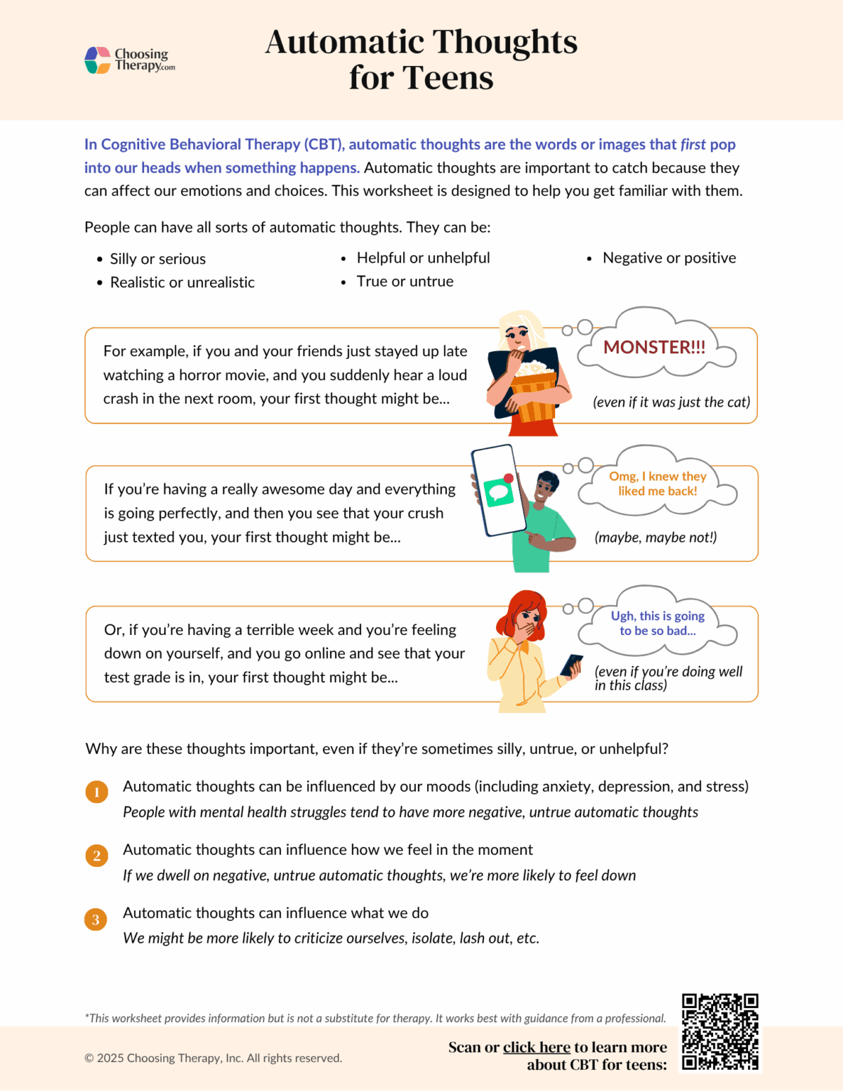 Automatic Thoughts for Teens Worksheet (Free Printable PDF ...
