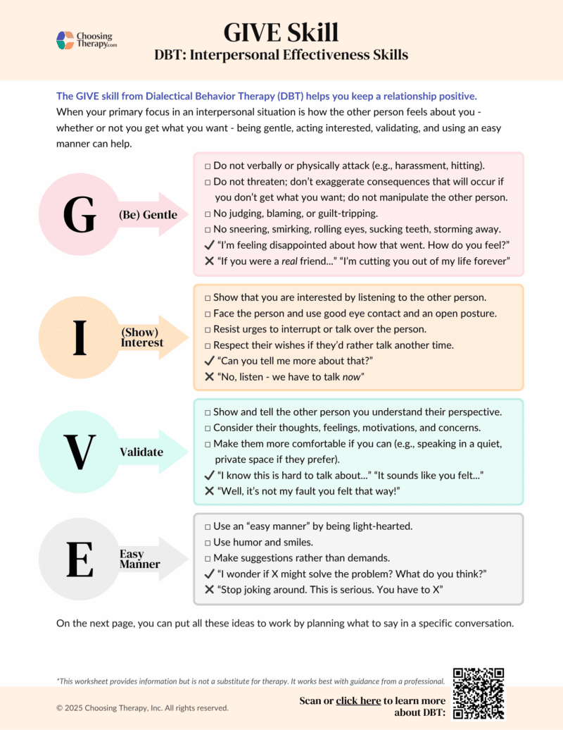 DBT Give Skill Worksheet (Free PDF Download) | ChoosingTherapy.com
