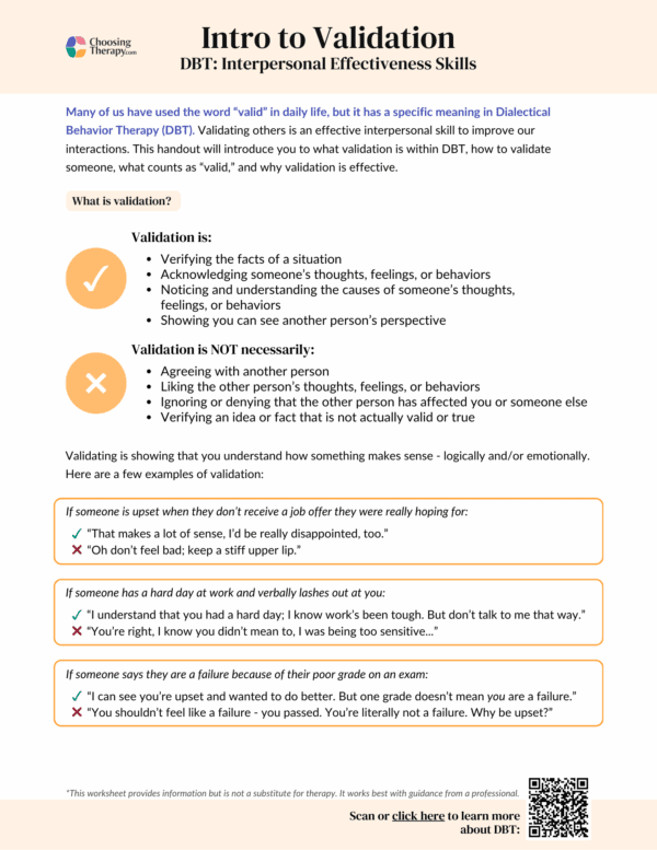 DBT Validation Worksheet (Free PDF Download) | ChoosingTherapy.com