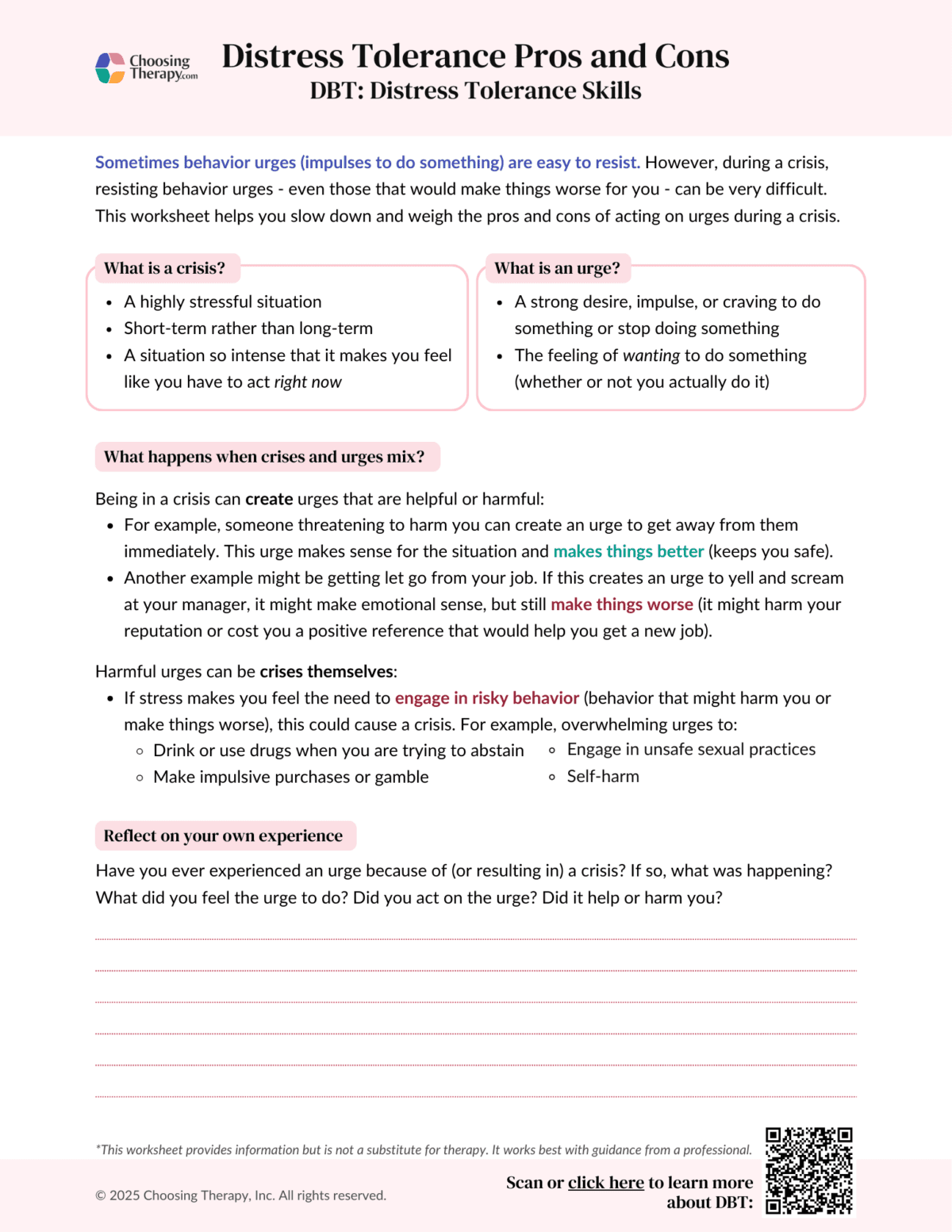 DBT Pros and Cons Skill Worksheet | ChoosingTherapy.com