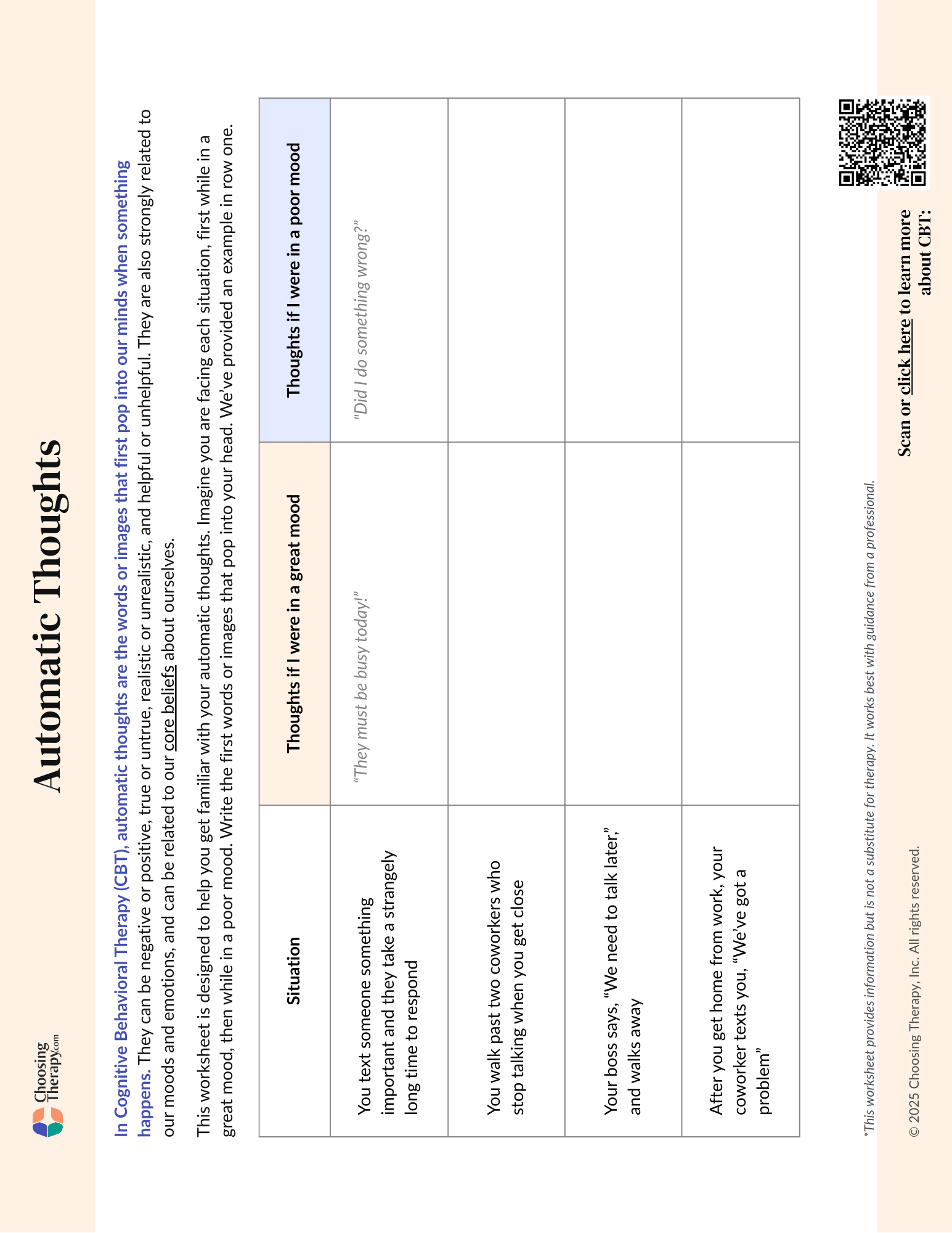 Free Automatic Thoughts Worksheet (Printable PDF) | ChoosingTherapy.com